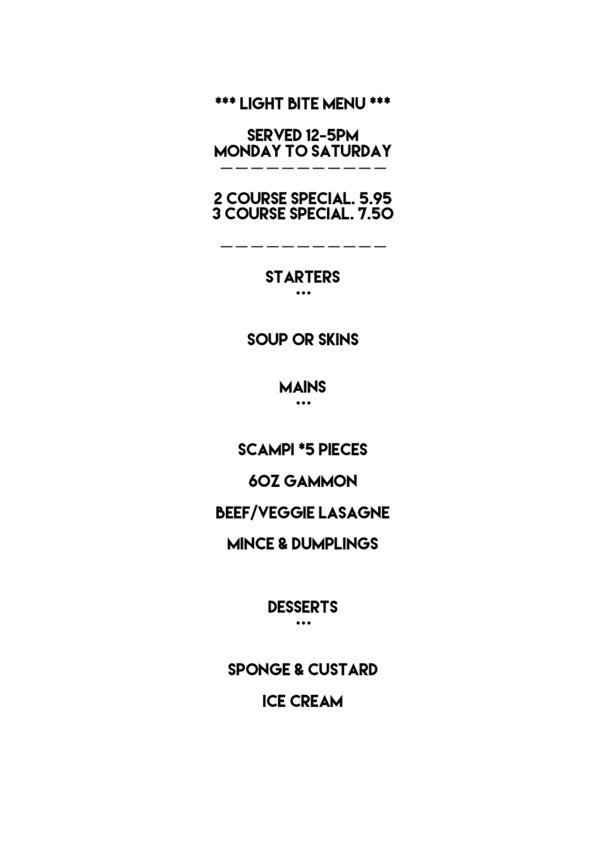 Lite Bites Menu | pub restaurant sunderland